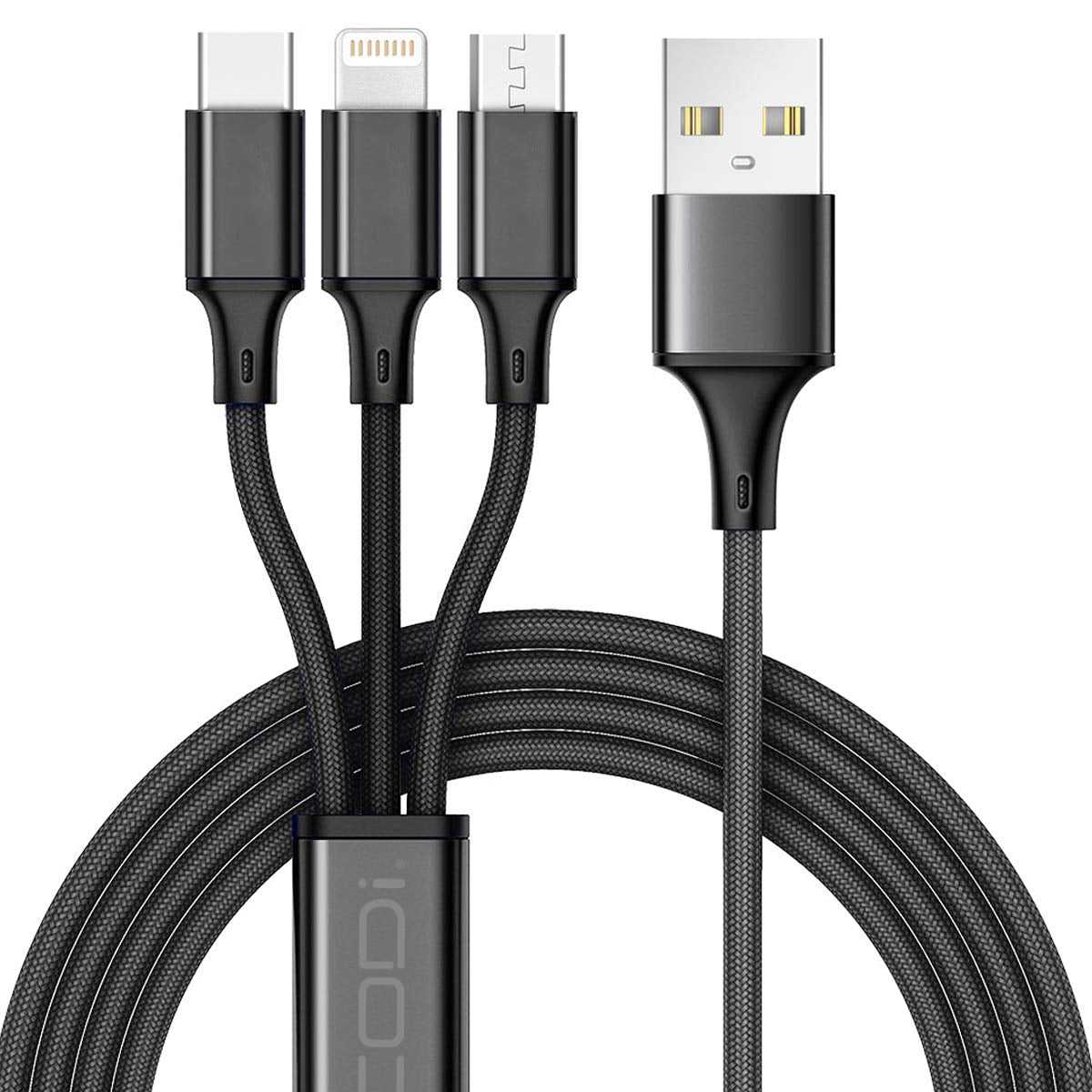 3-in-1 Multi Charging Cable – USB-C, Lightning, Micro-USB – Peel